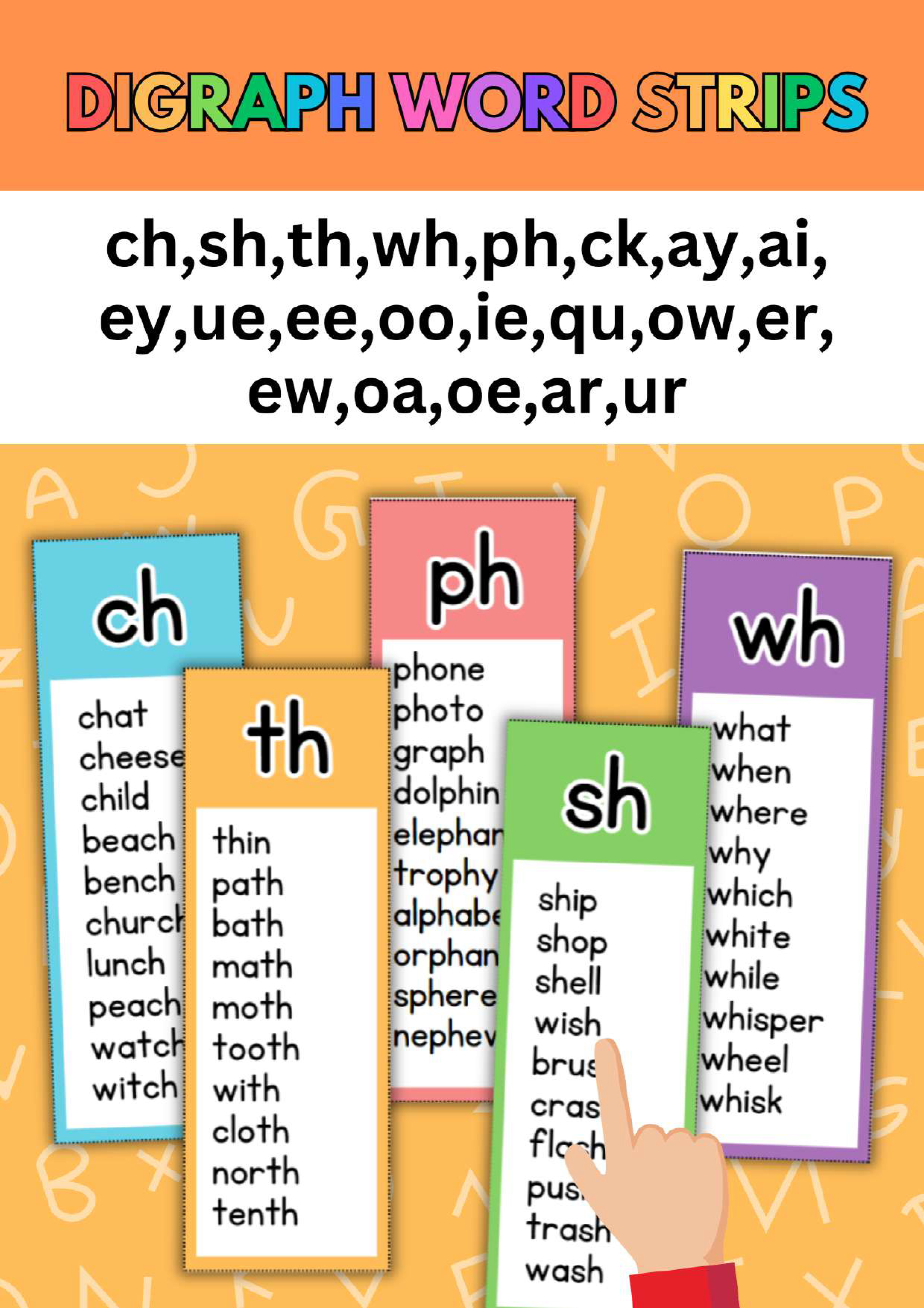 Digraph Word Strips Reading ch,sh,th,wh,ph,ck,ay,ai,ey,ue,ee,oo,ie,qu ...